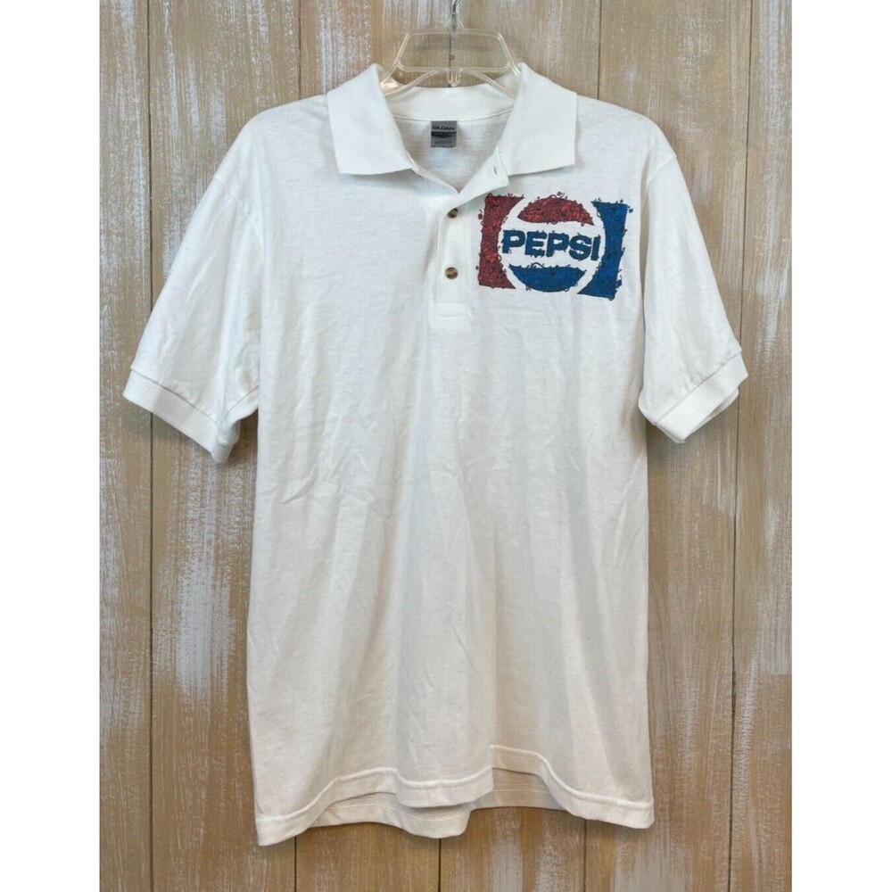 Pepsi Cola Advertising White Doodle Logo Polo Shirt M… - Gem